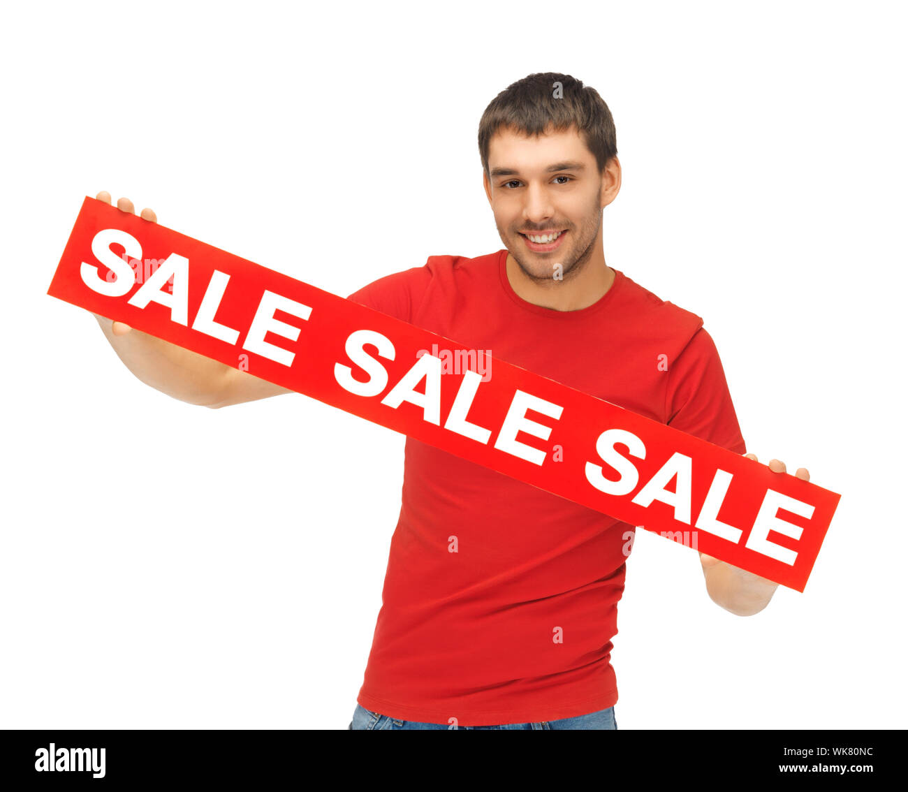 bright picture of handsome man with sale sign Stock Photo - Alamy