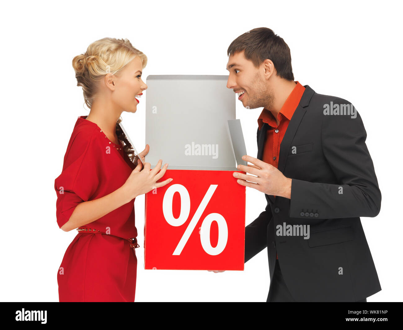 bright picture of man and woman with percent sign Stock Photo - Alamy