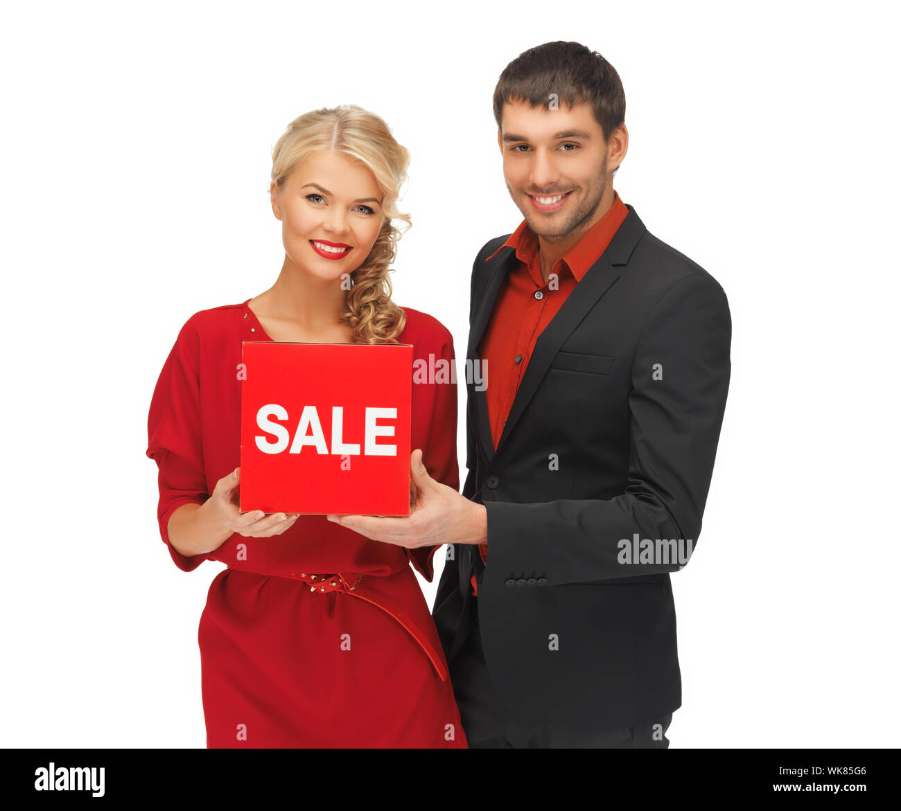 man and woman with sale sign Stock Photo - Alamy