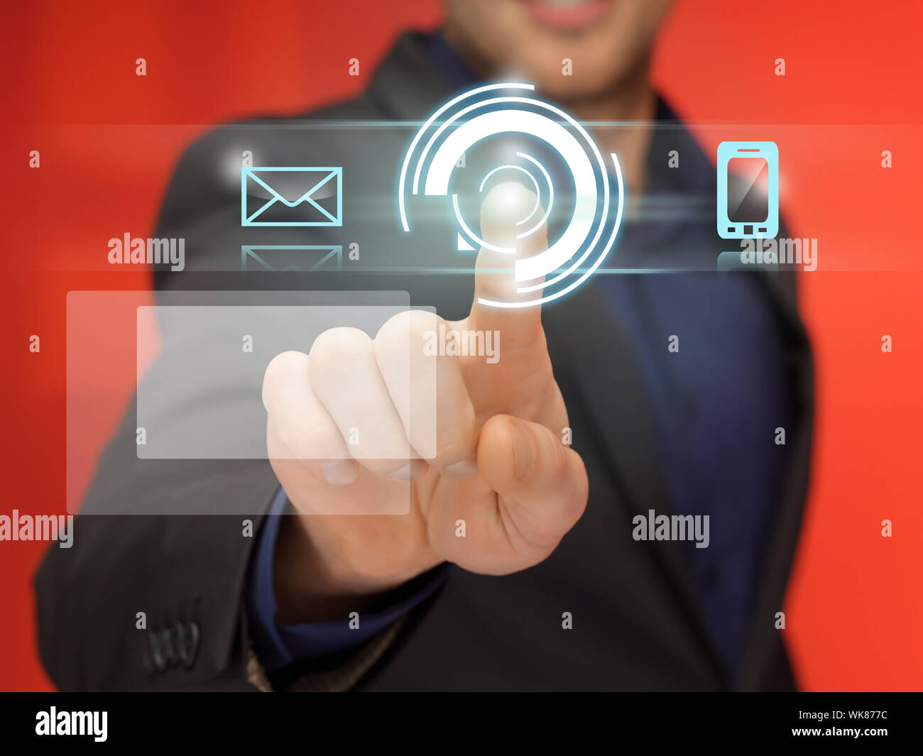bright picture of handsome man in suit pressing virtual button Stock ...