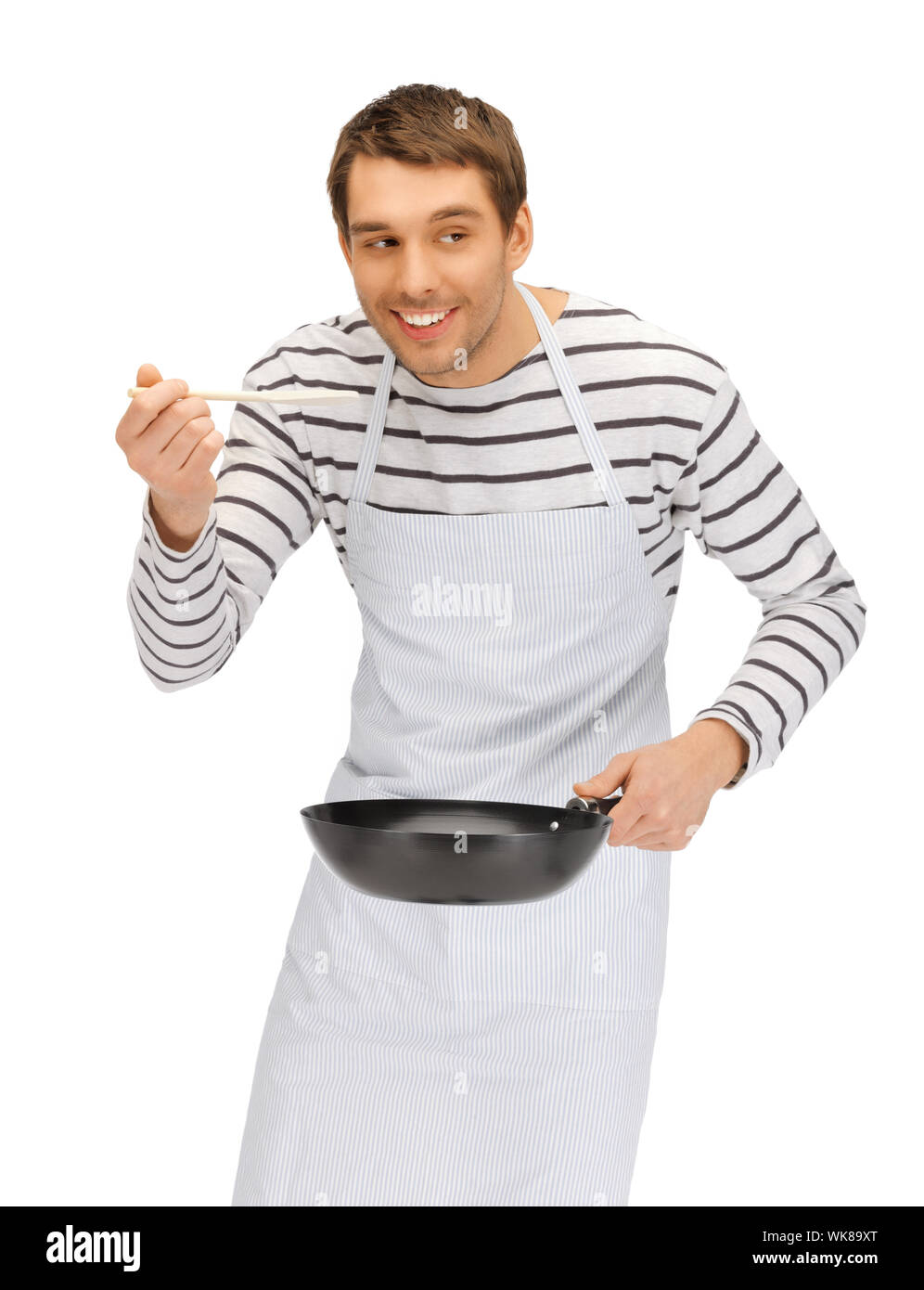 bright picture of handsome man with pan and spoon Stock Photo - Alamy