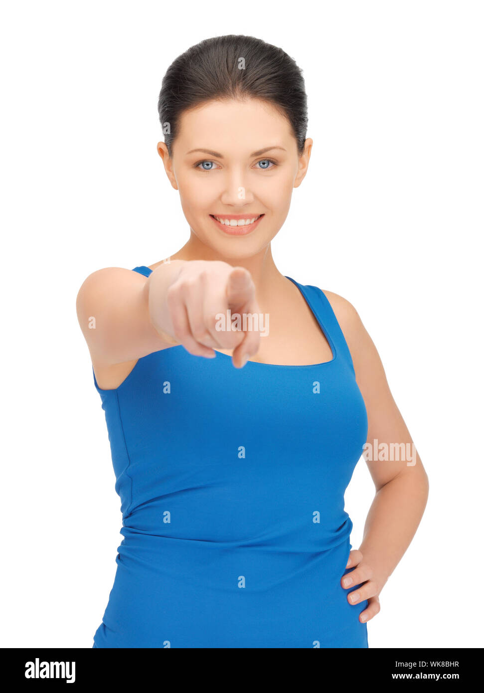 bright picture of beautiful woman pointing her finger Stock Photo - Alamy