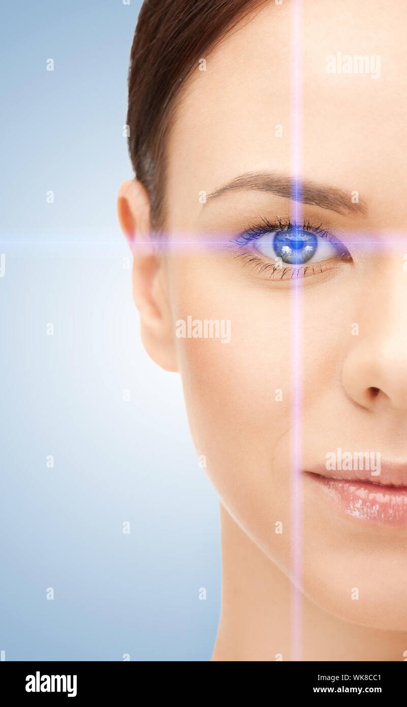 beautiful woman pointing to eye Stock Photo - Alamy
