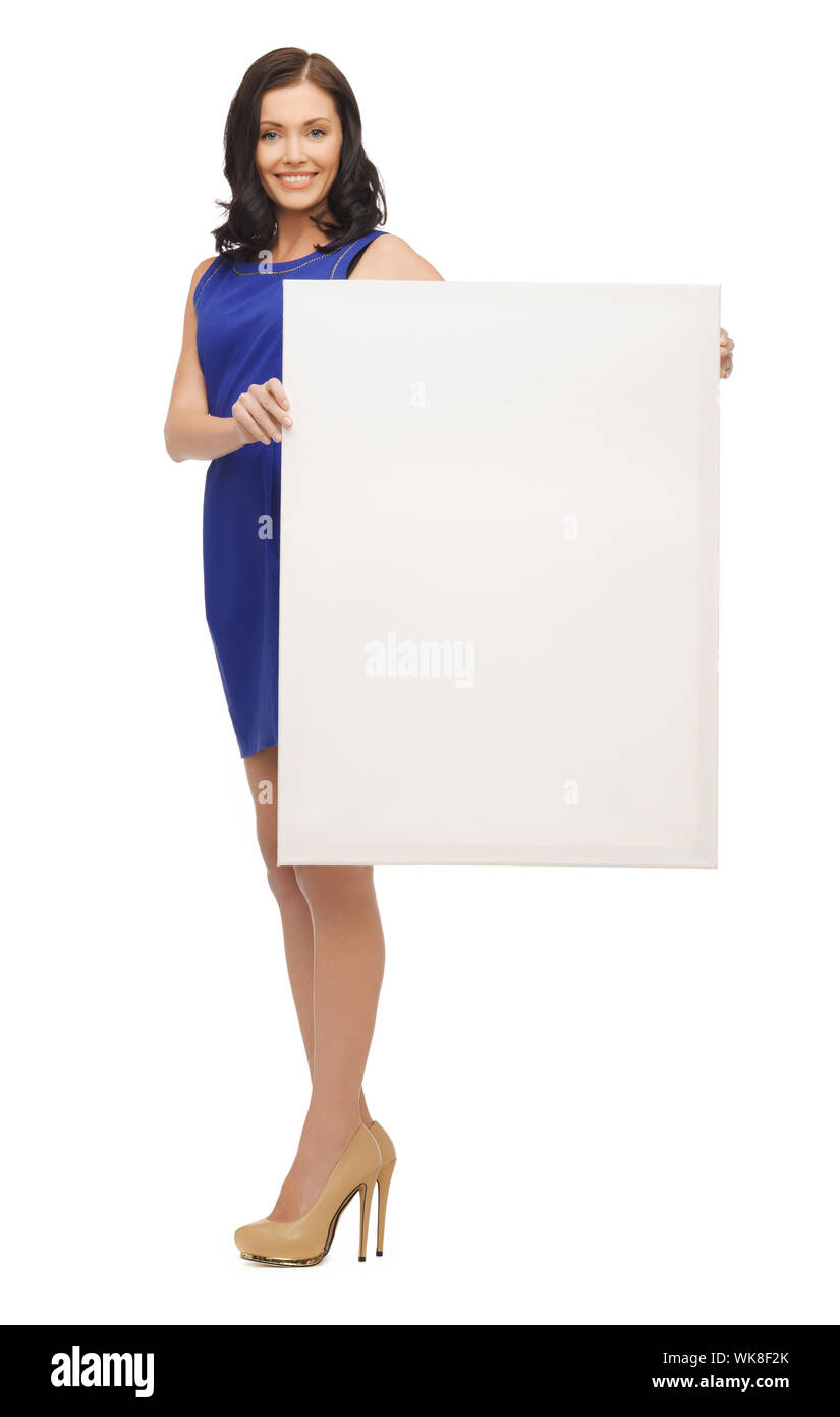 picture of lovely woman in blue dress with blank board Stock Photo - Alamy