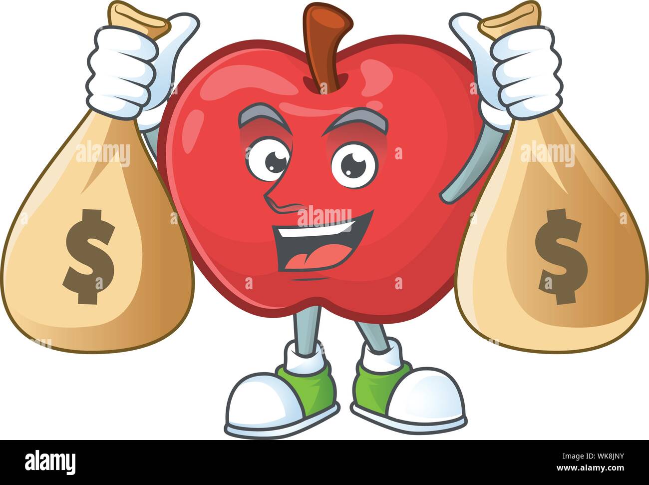 With money bag red apple cartoon mascot, character cute vector ...