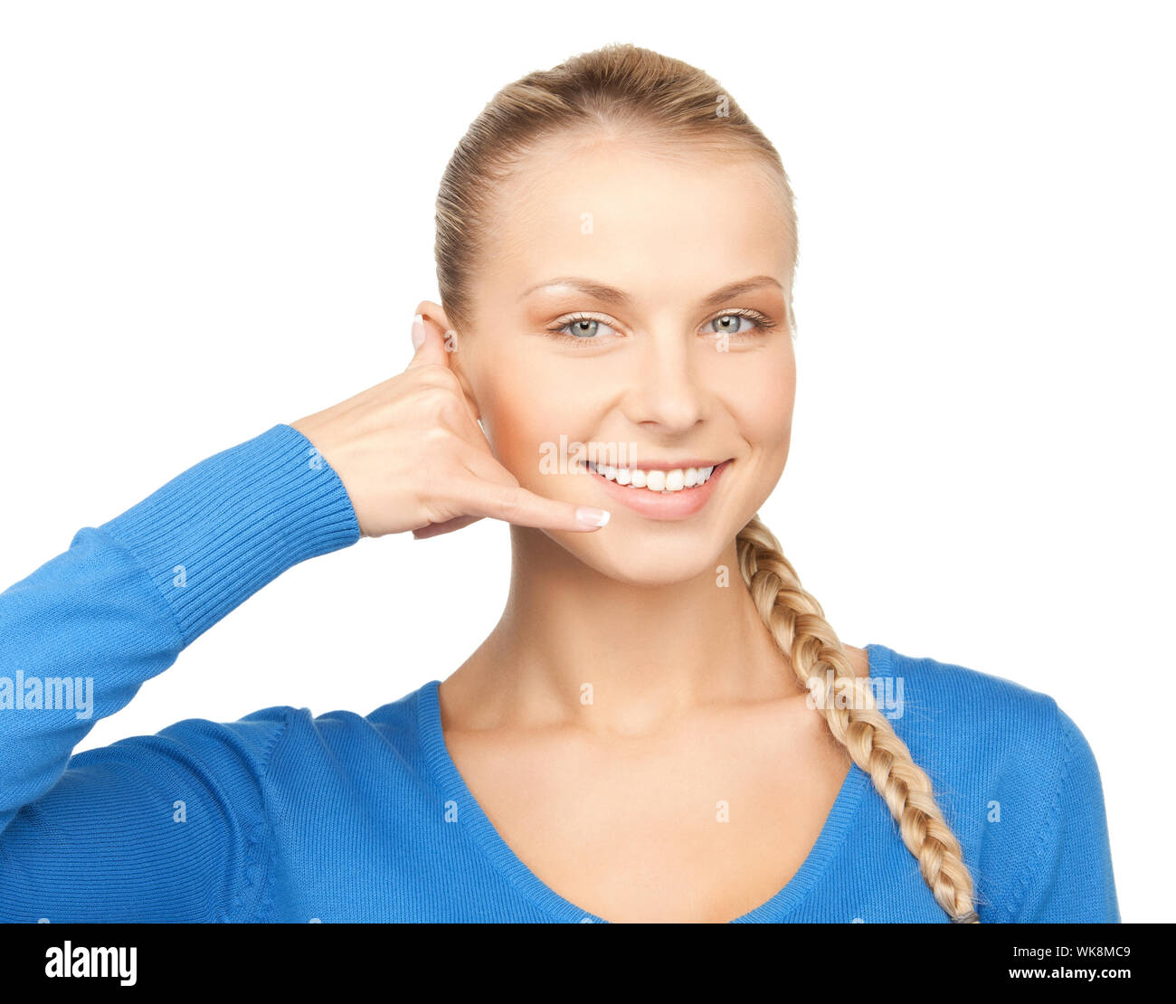 picture of beautiful woman making a call me gesture Stock Photo - Alamy