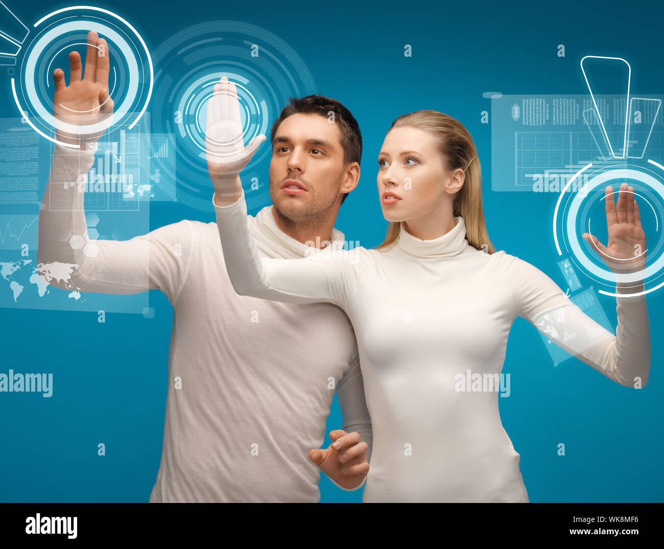 picture of man and woman working with virtual screens Stock Photo - Alamy