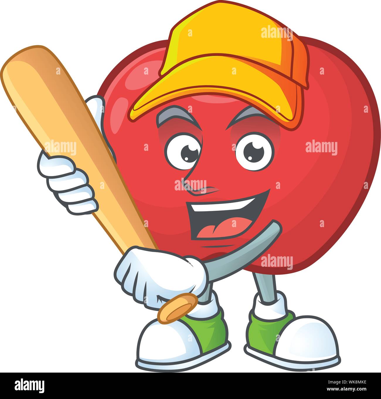 Playing baseball red apple cartoon mascot, character cute vector ...