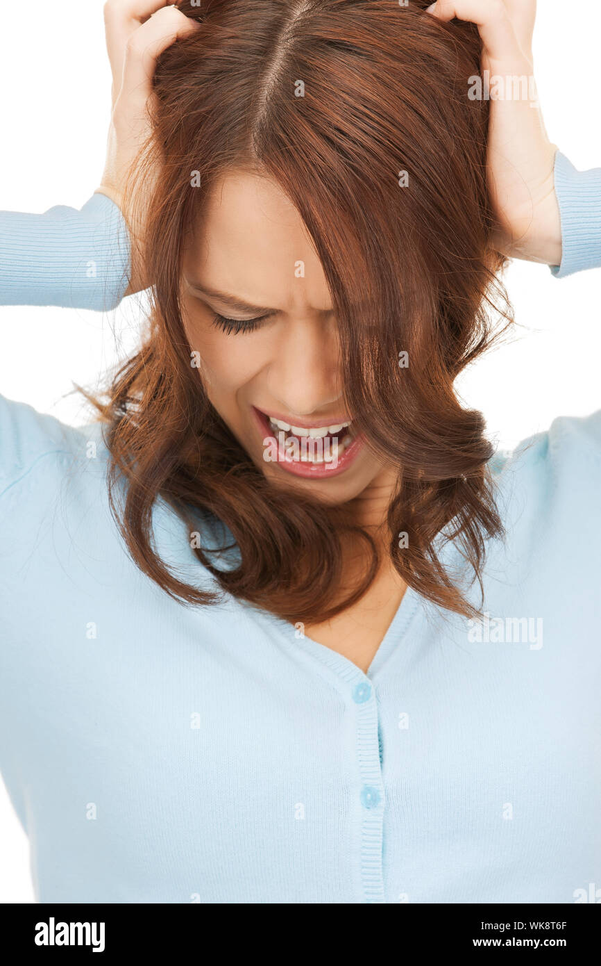 mad woman screaming holding her head with hands Stock Photo - Alamy
