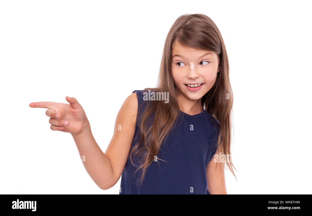 Little girl shows a finger to the side Stock Photo - Alamy
