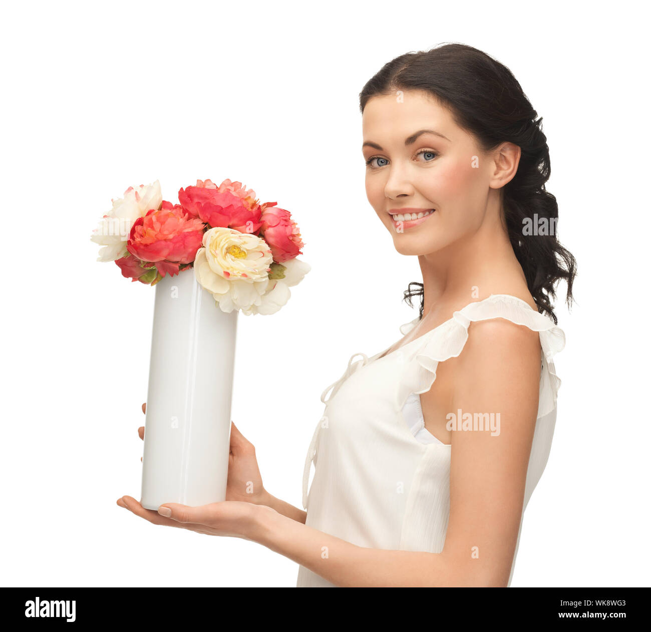 picture of young and beautiful woman with vase of flowers Stock Photo ...