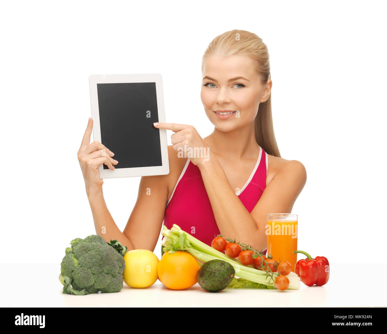 woman with fruits, vegetables and tablet pc Stock Photo - Alamy