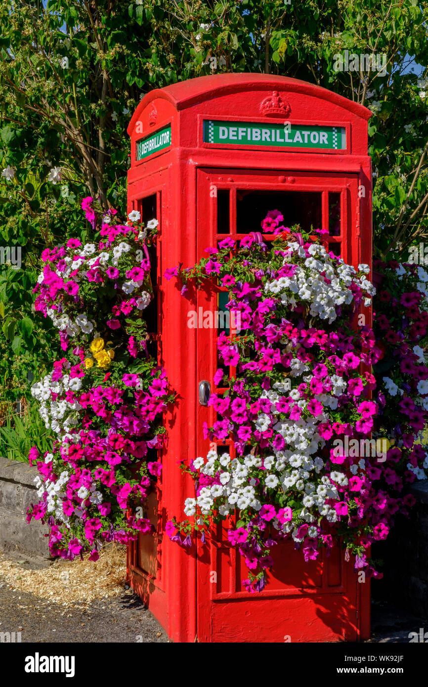 Flower covered disused telephone box now contains defribillator Stock ...