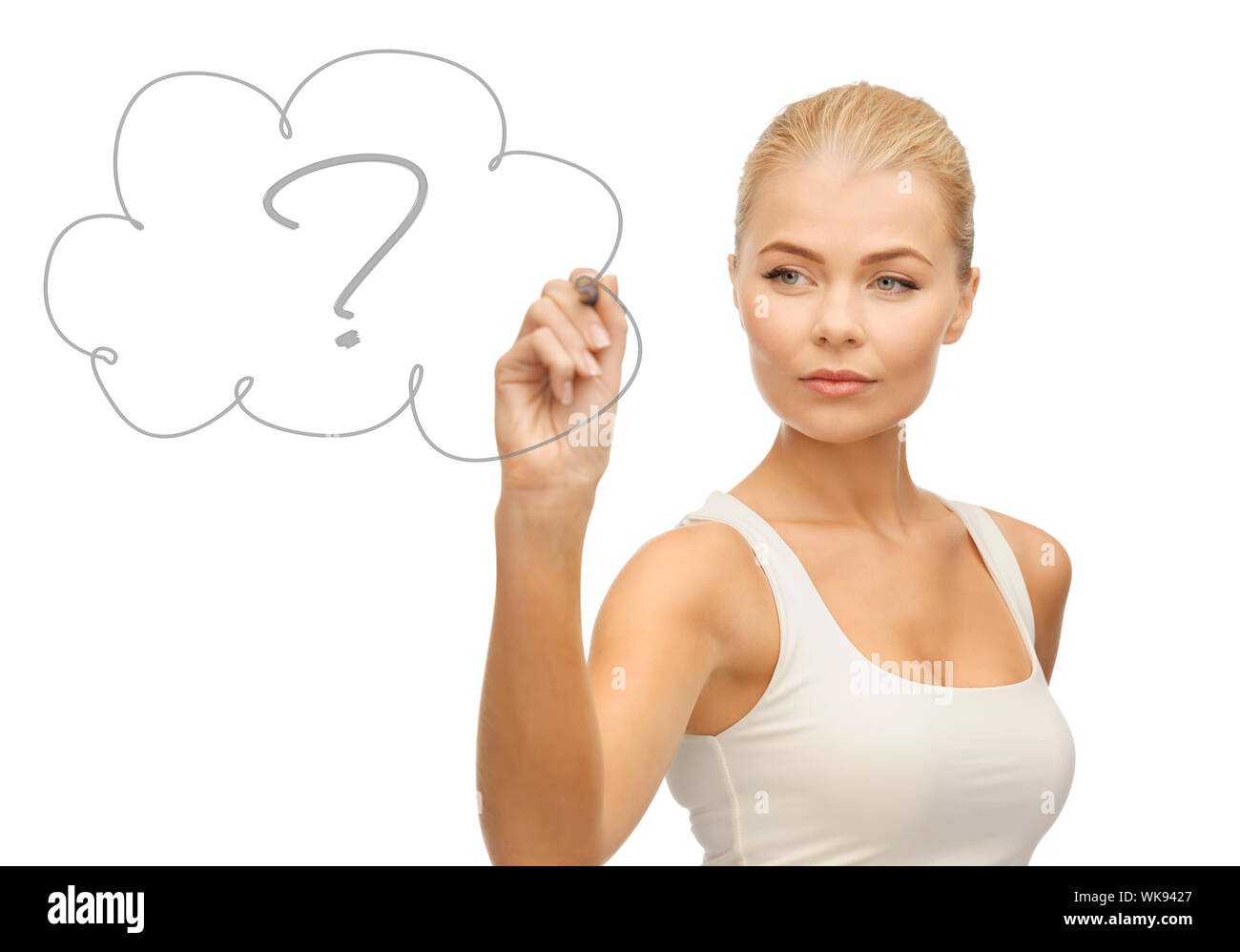 confused woman drawing question mark in cloud Stock Photo - Alamy