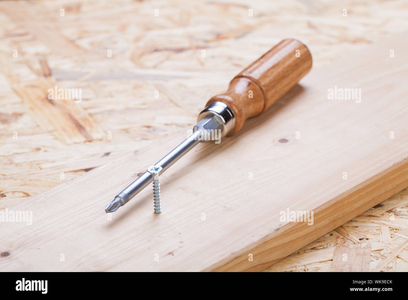 Close up view of a Phillips head screwdriver and threaded metal wood ...