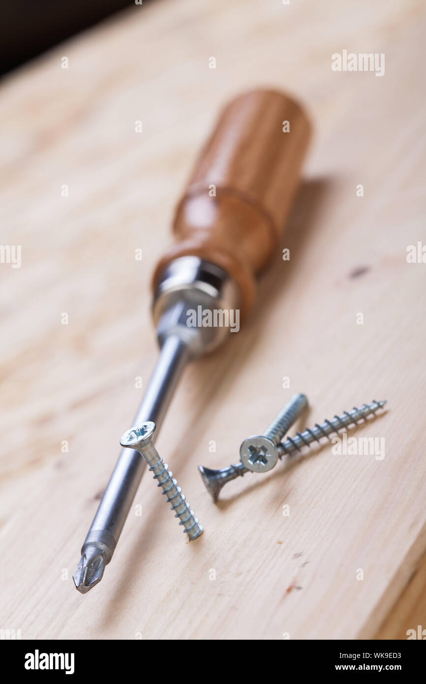 Close up view of a Phillips head screwdriver and threaded metal wood ...