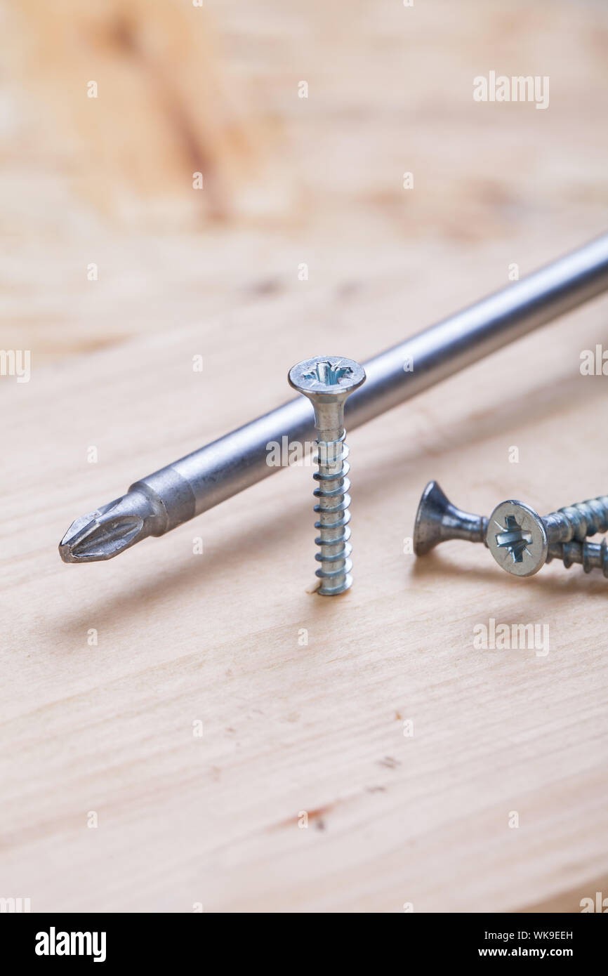 Close up view of a Phillips head screwdriver and threaded metal wood ...