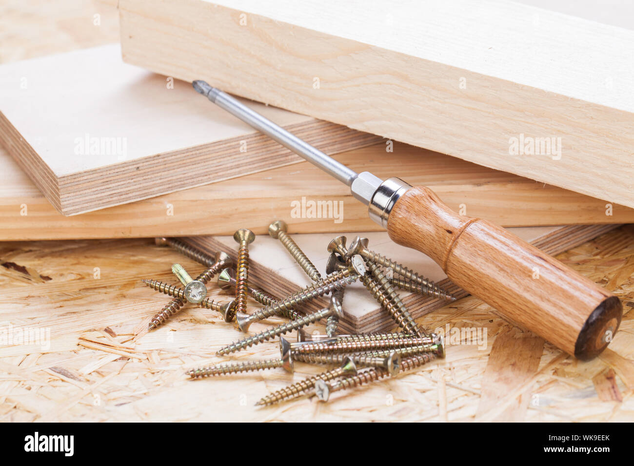 Close up view of a Phillips head screwdriver and threaded metal wood ...