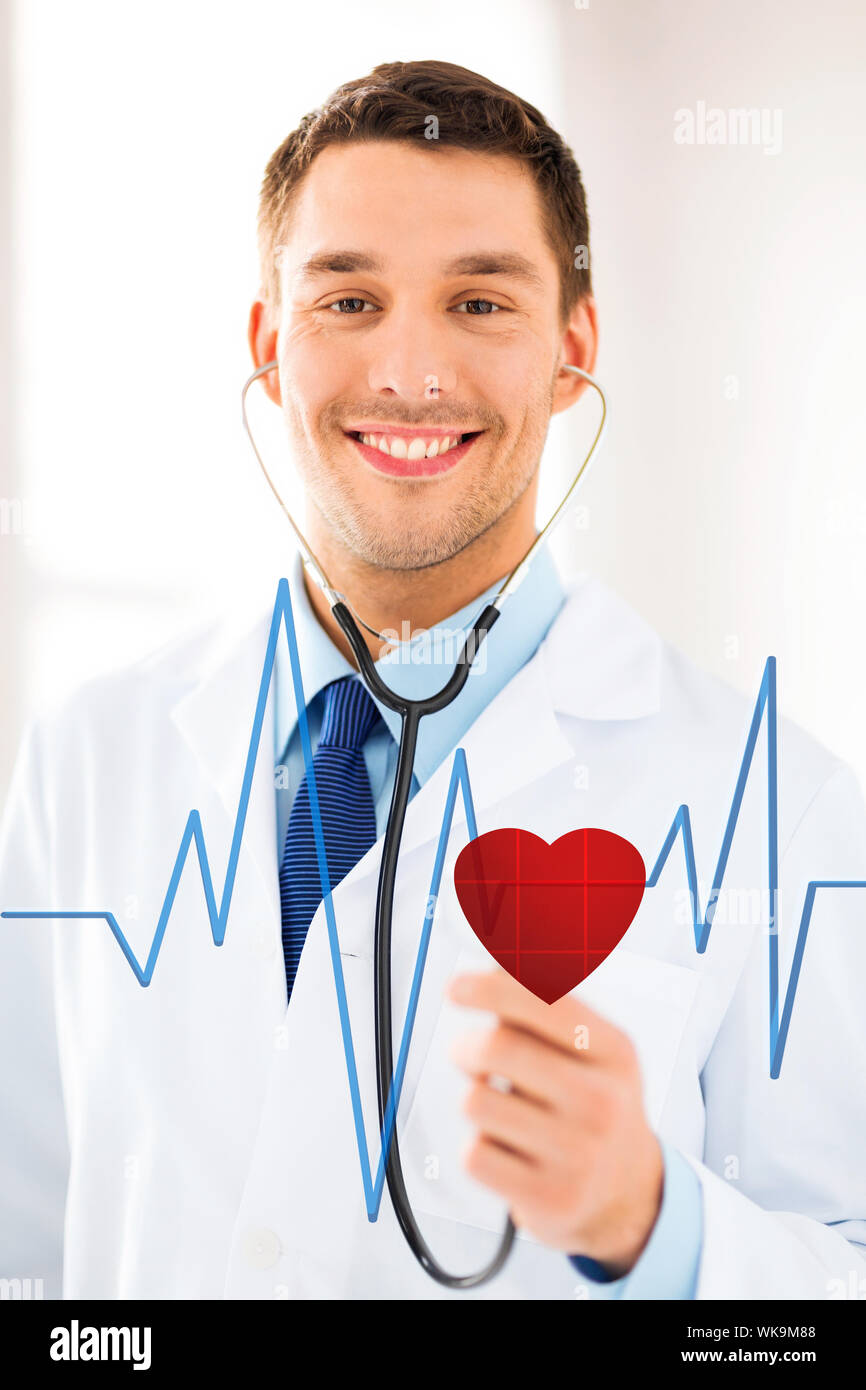 doctor with stethoscope listening heart beat on virtual screen Stock ...