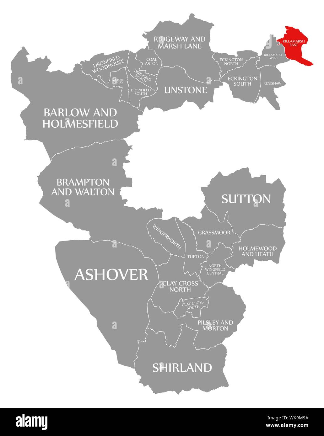 Killamarsh East red highlighted in map of North East Derbyshire ...