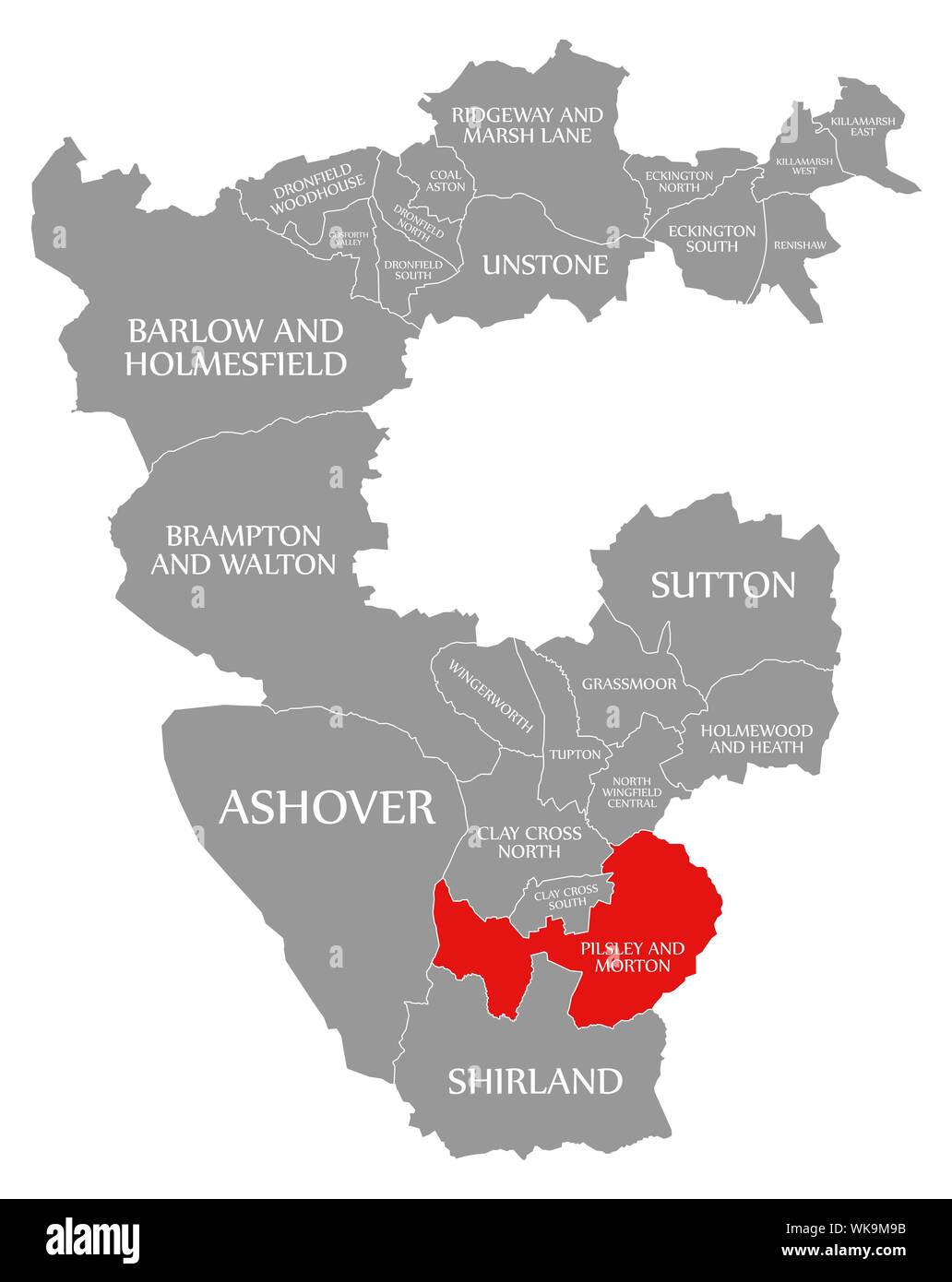 Pilsley and Morton red highlighted in map of North East Derbyshire ...