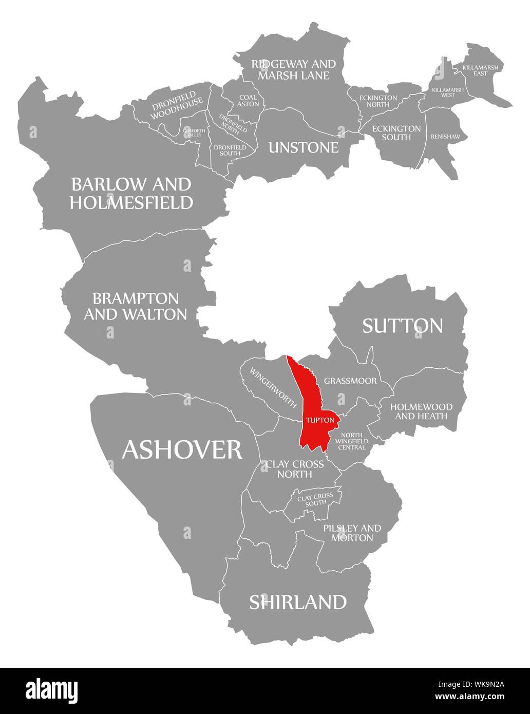 Tupton red highlighted in map of North East Derbyshire district in East ...
