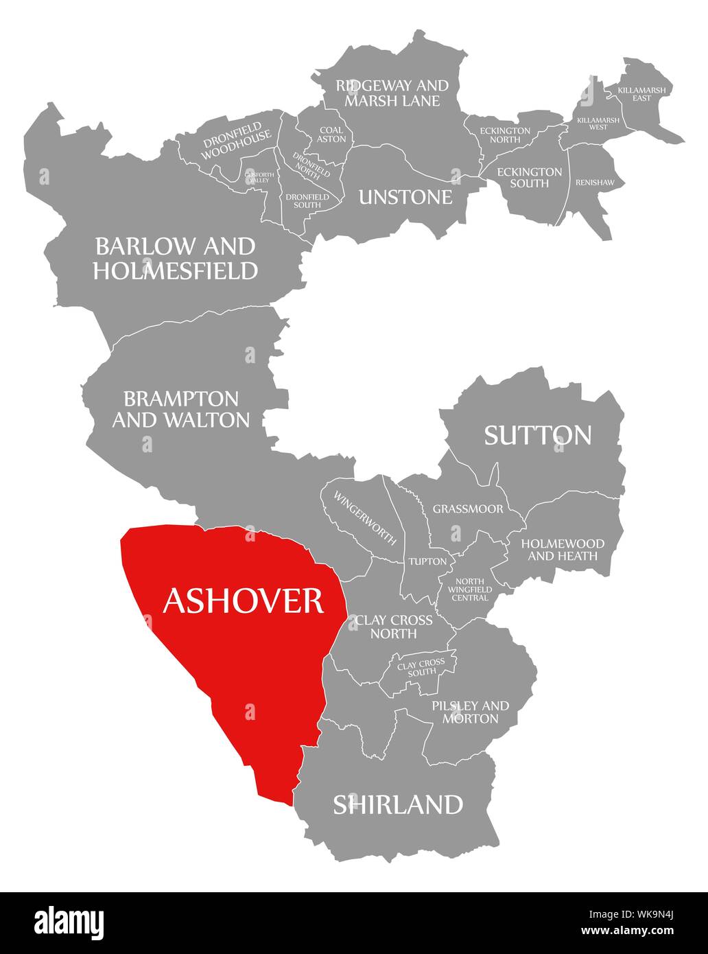 Ashover red highlighted in map of North East Derbyshire district in ...