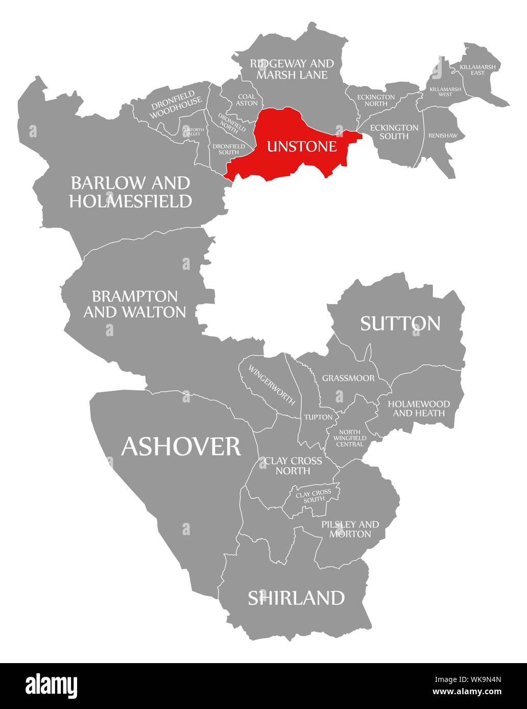 Unstone red highlighted in map of North East Derbyshire district in ...