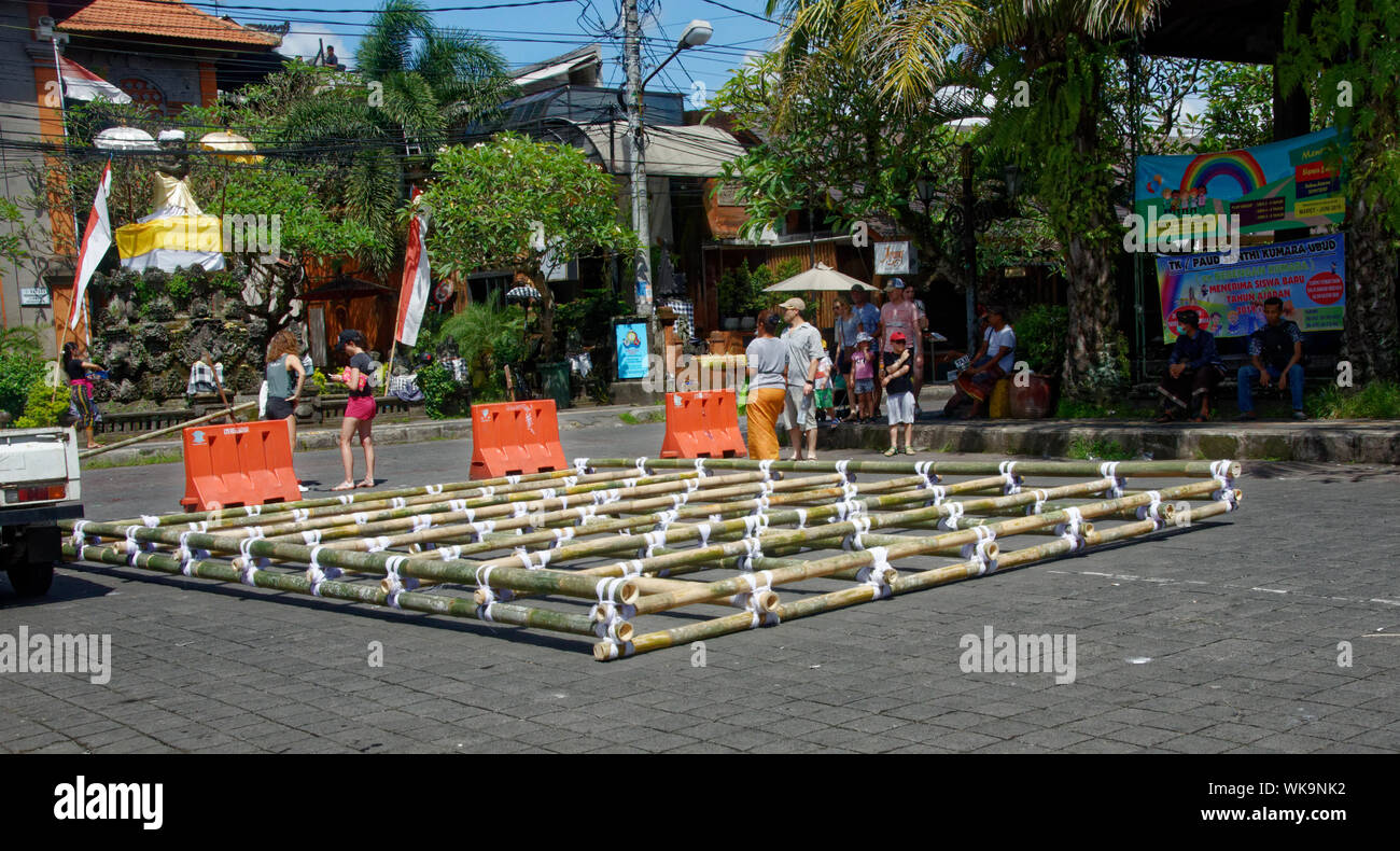 Components of a funeral pyre being constructed and assembled in Ubud ...