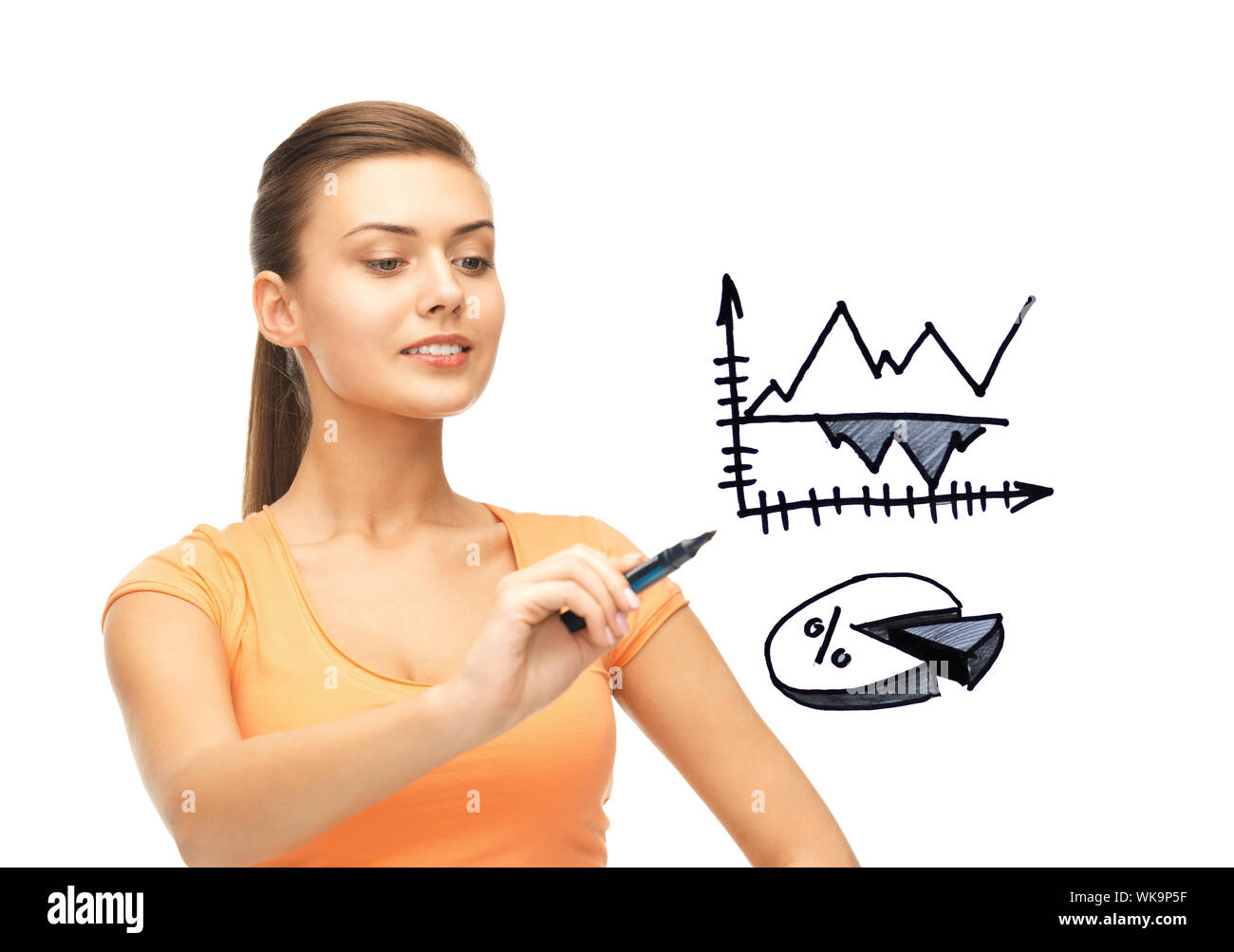 business, finances and economics - businesswoman drawing graphs in the ...