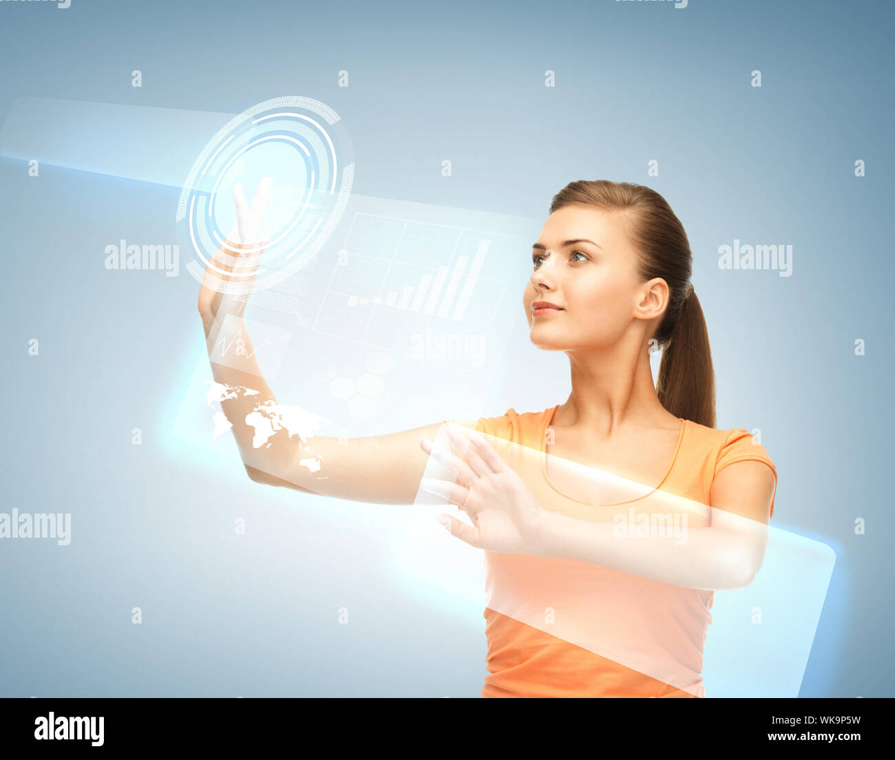 future technology and internet - attractive woman working with virtual ...