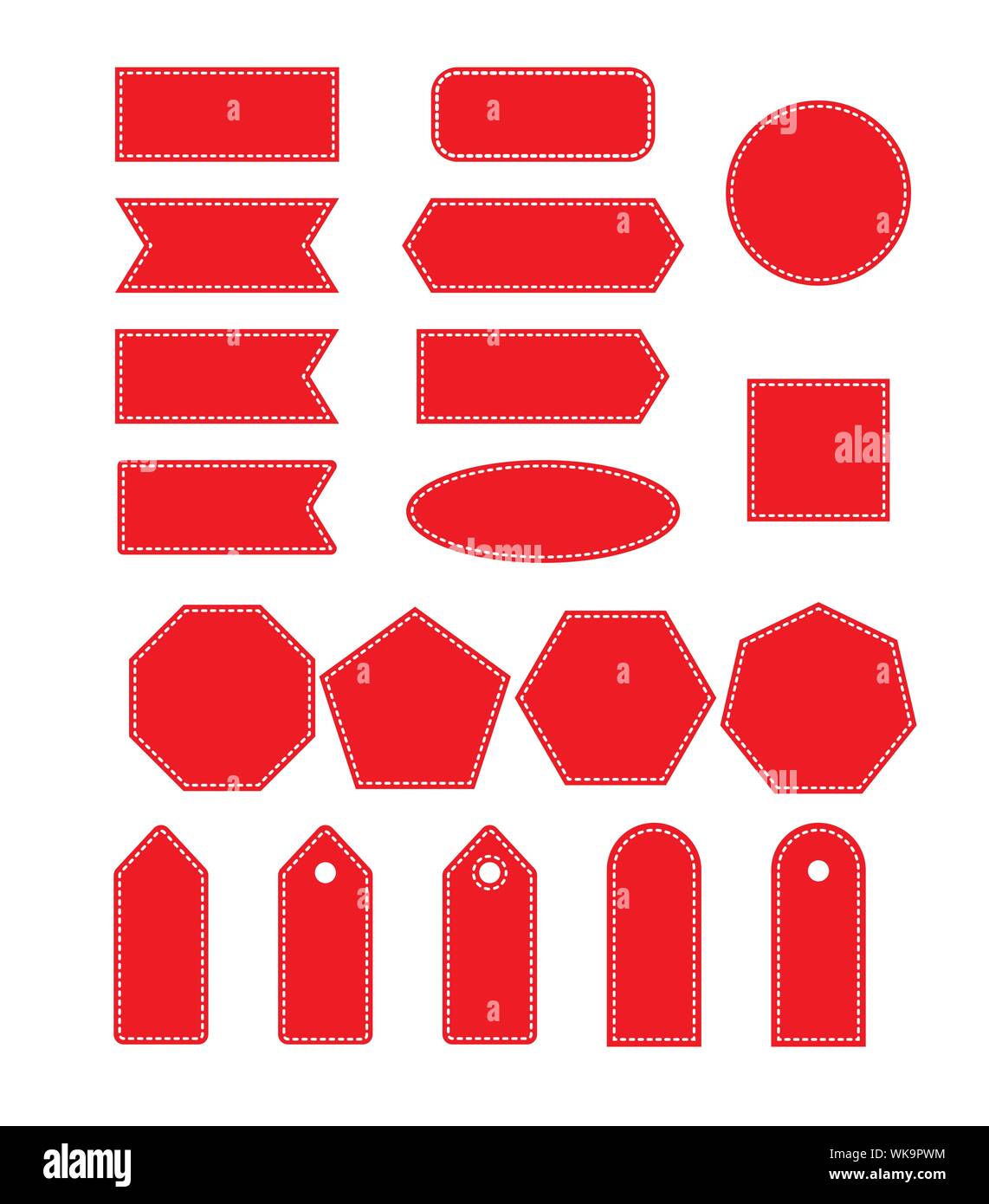 Realistic set of blank red stickers stitched along the contour with ...
