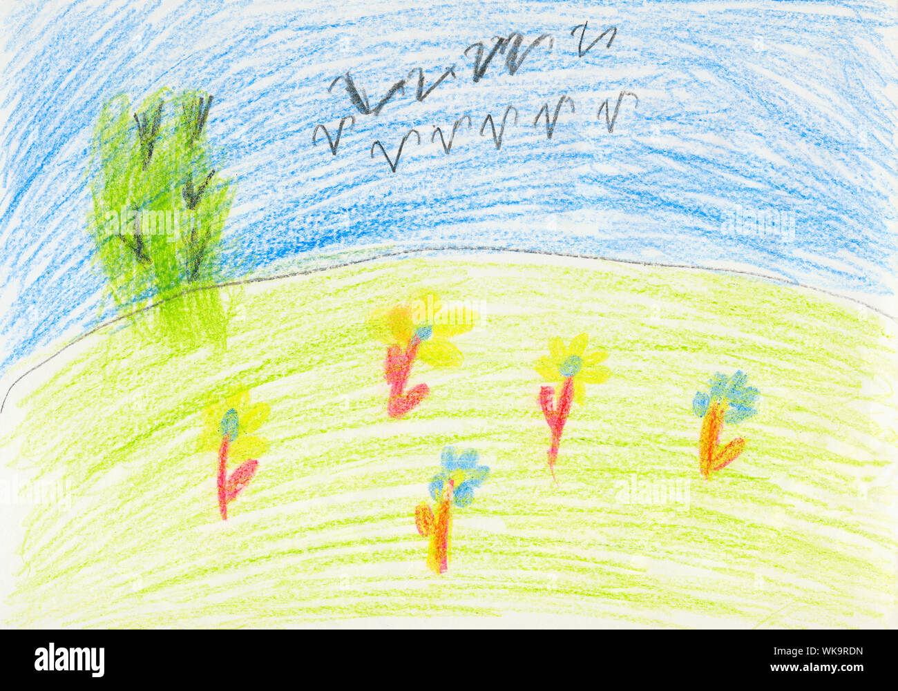 Naive color kid art on a white paper - flock Stock Photo - Alamy