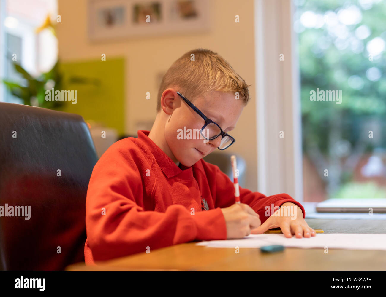 Boy concentrating doing homework Stock Photo - Alamy