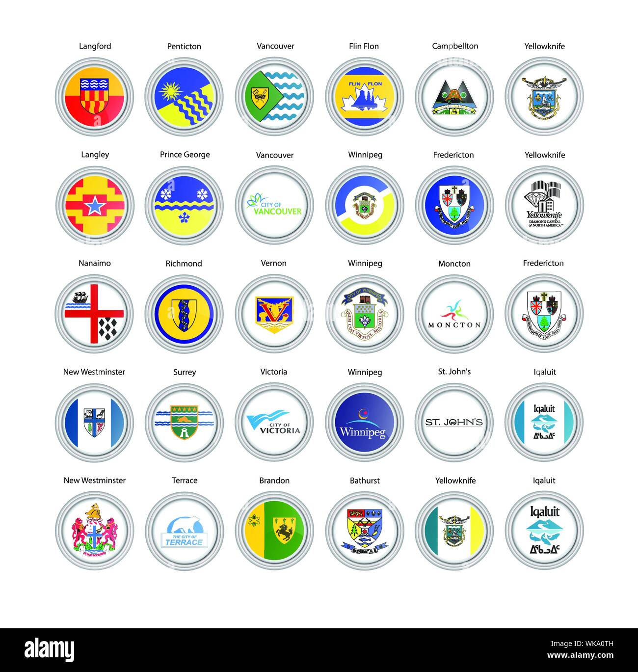 Set of vector icons. Cities of Canada flags and coat of arms. Vector ...