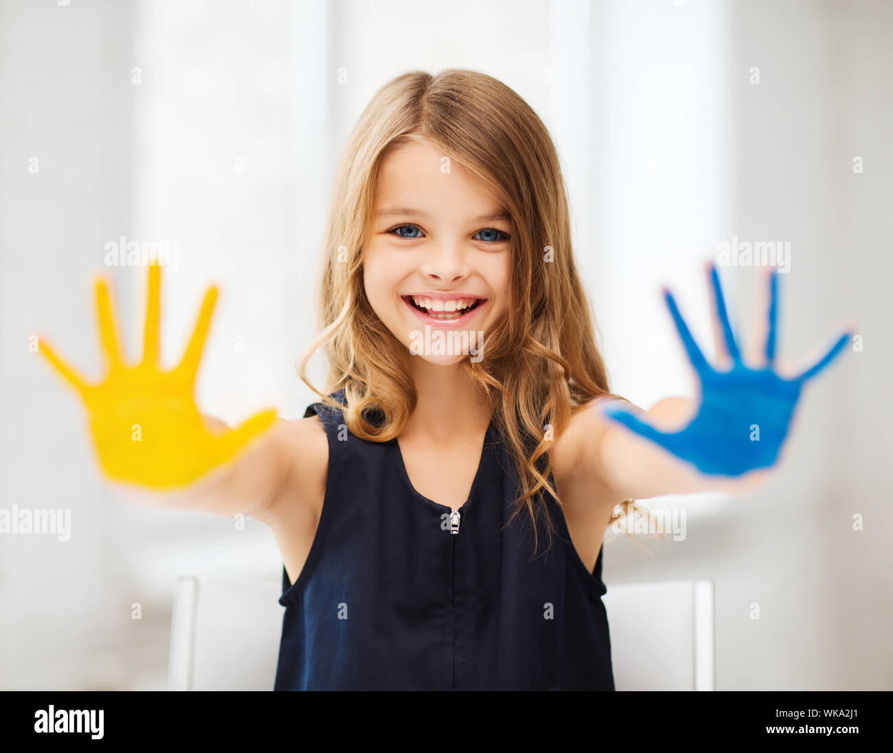 education, school, art and painitng concept - little student girl ...