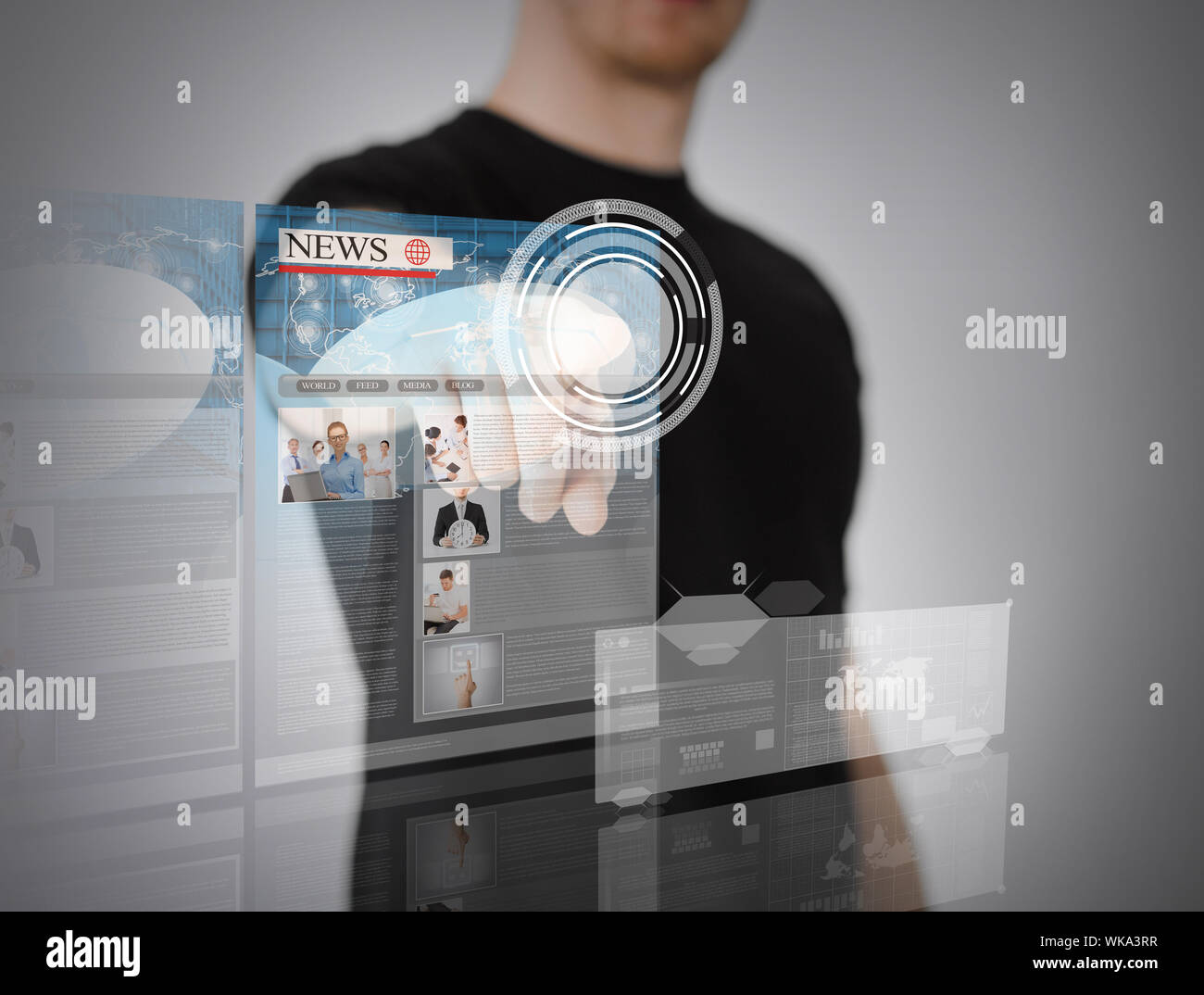 man pressing button on virtual screen Stock Photo - Alamy