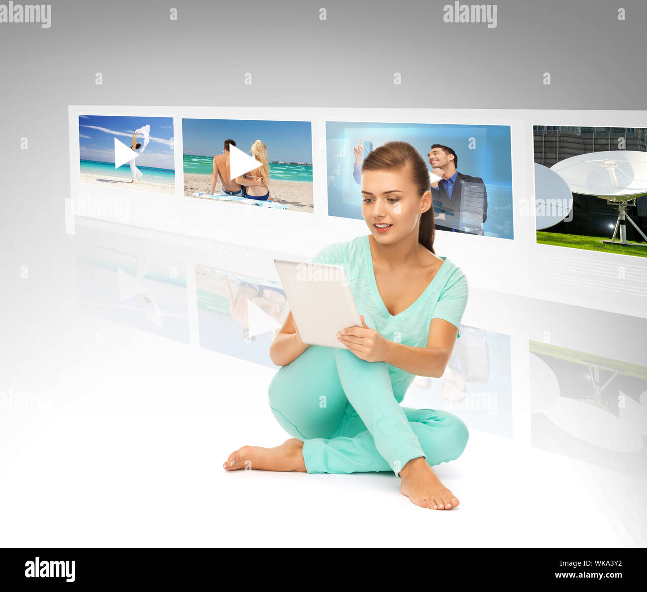 woman with tablet pc and virtual screens Stock Photo - Alamy
