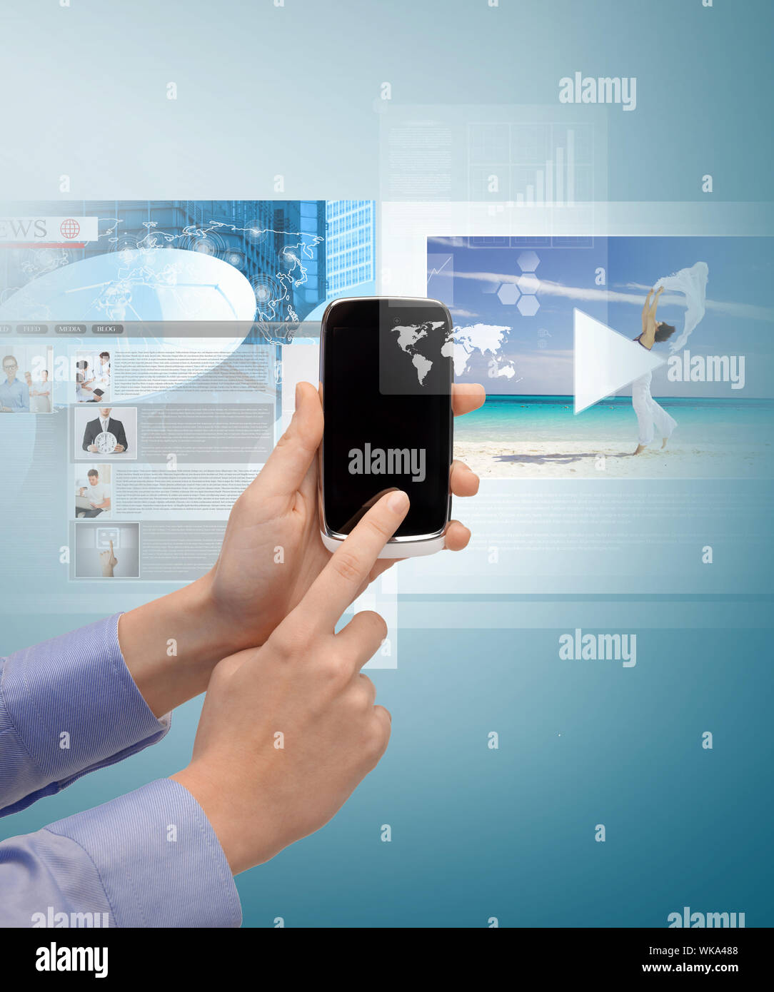 woman with smartphone and virtual screens Stock Photo - Alamy