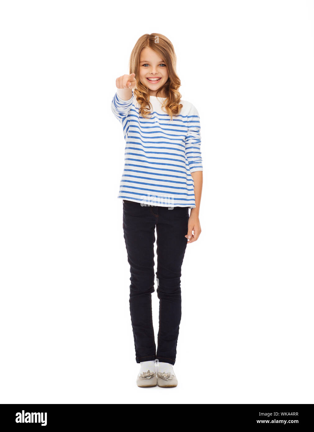education, school and gesture concept - cute little girl pointing at ...