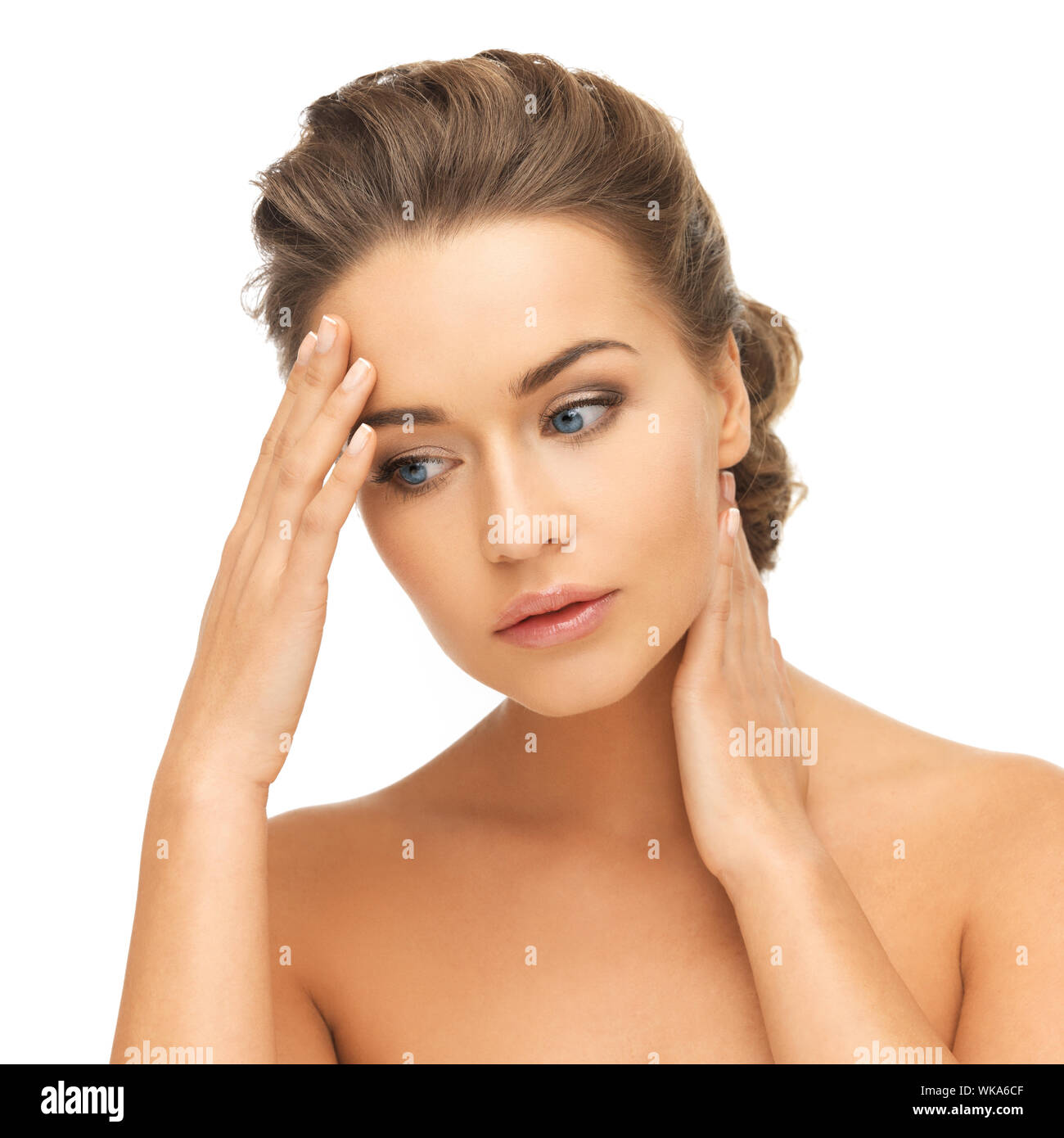 woman holding hands on her neck and forehead Stock Photo - Alamy
