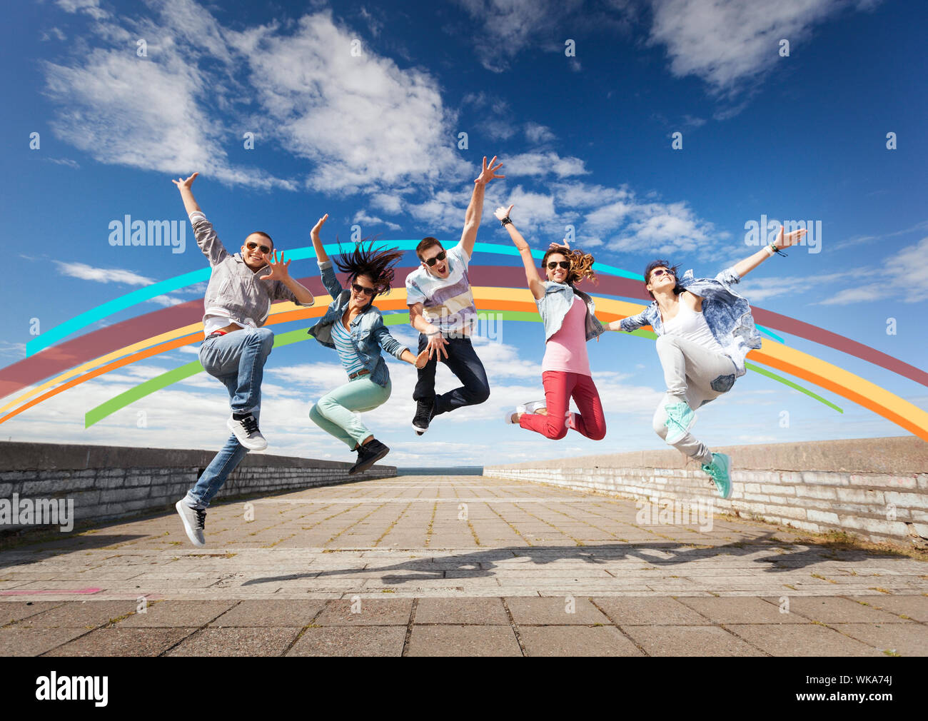 summer, sport, dancing and teenage lifestyle concept - group of ...