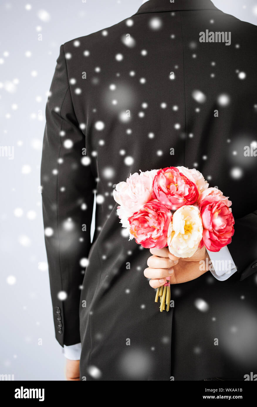 Love Romance Holiday Celebration Concept Man Hiding Bouquet Of