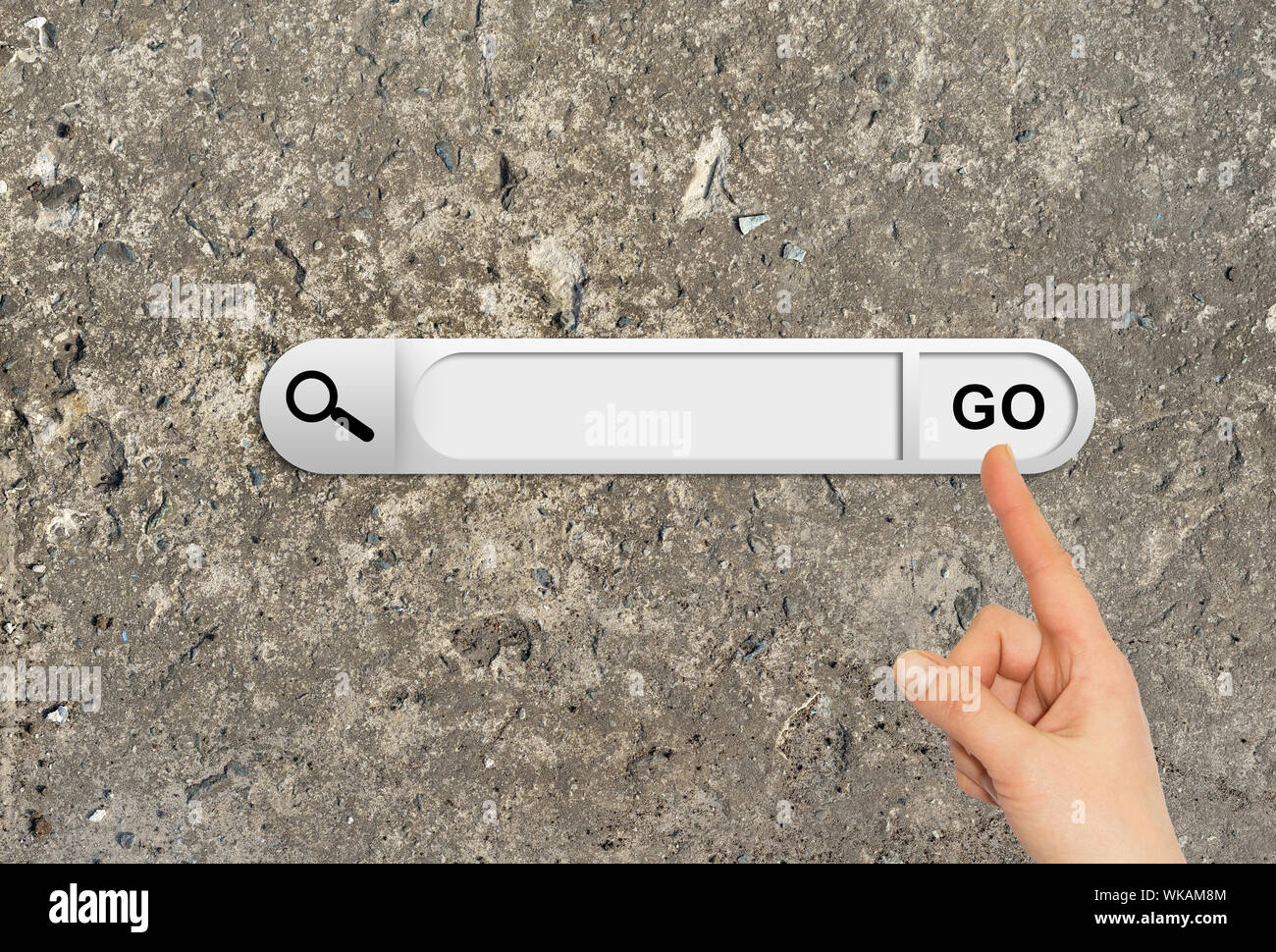 Human hand indicates the search bar in browser. Aged brown cemented ...