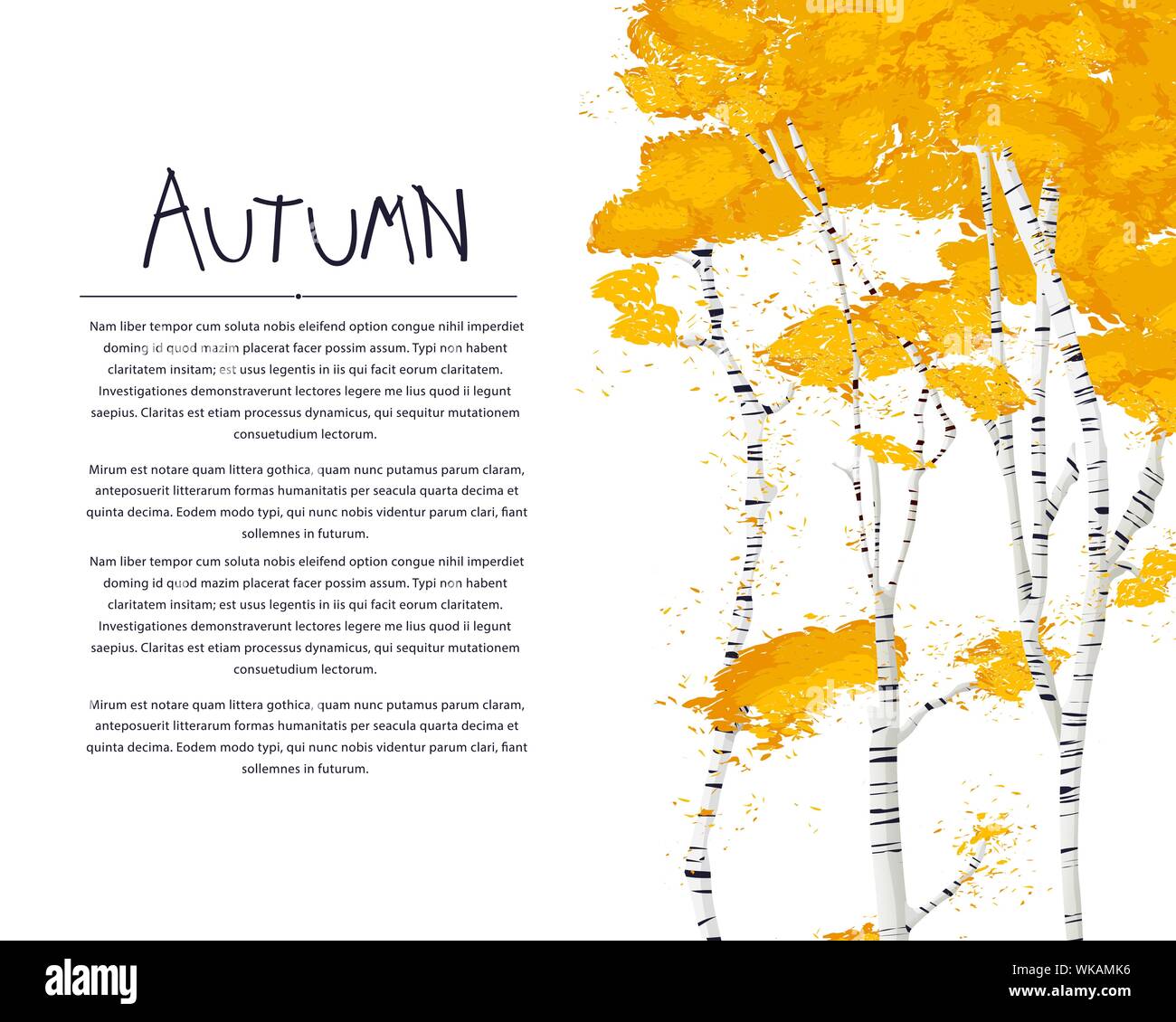 Autumn card with birch trees over white background, vector card with ...