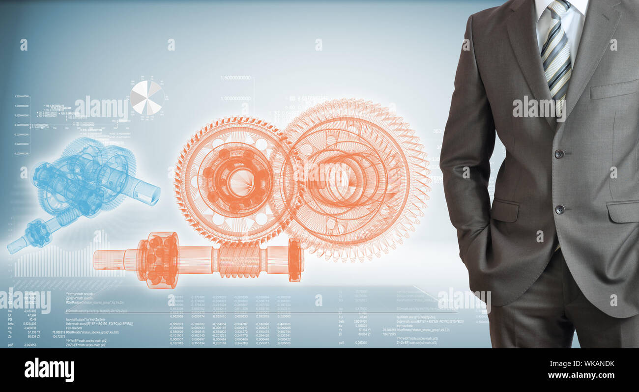 Businessman standing with hands in pockets. High-tech wire frame gears ...