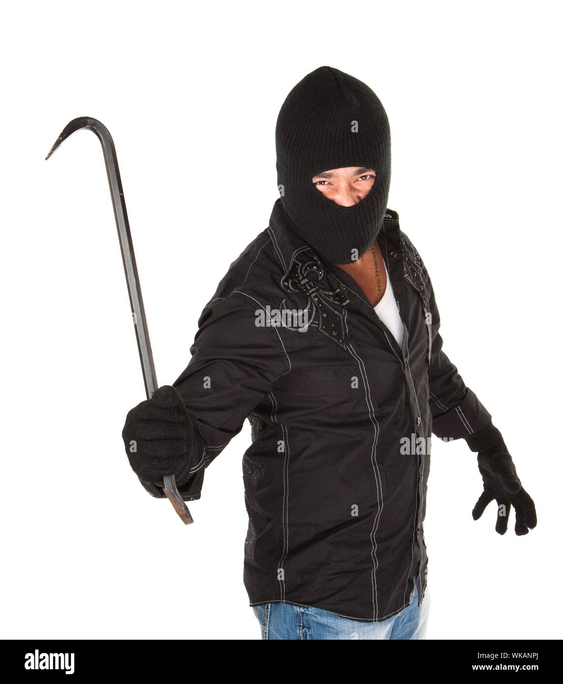 Menacing robber weilding a big crowbar on white background Stock Photo ...