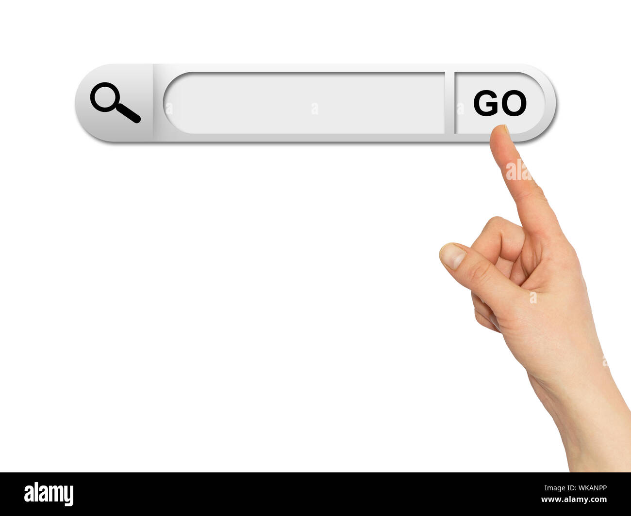 Human hand indicates the search bar in browser. White background Stock ...