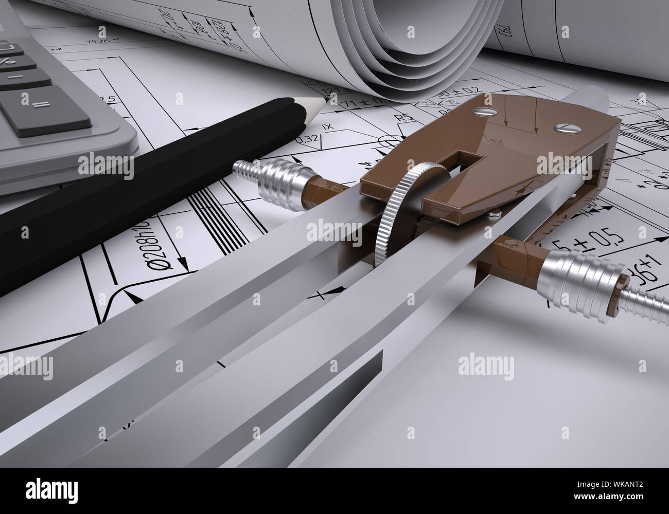 Scrolls engineering drawings and tools. Desk Engineer Stock Photo - Alamy