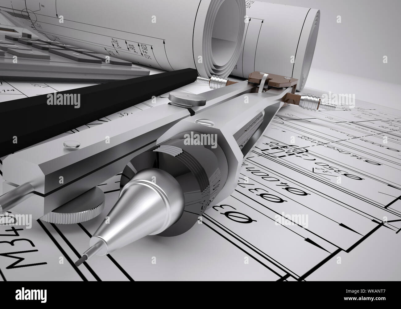 Scrolls engineering drawings and tools. Desk Engineer Stock Photo - Alamy